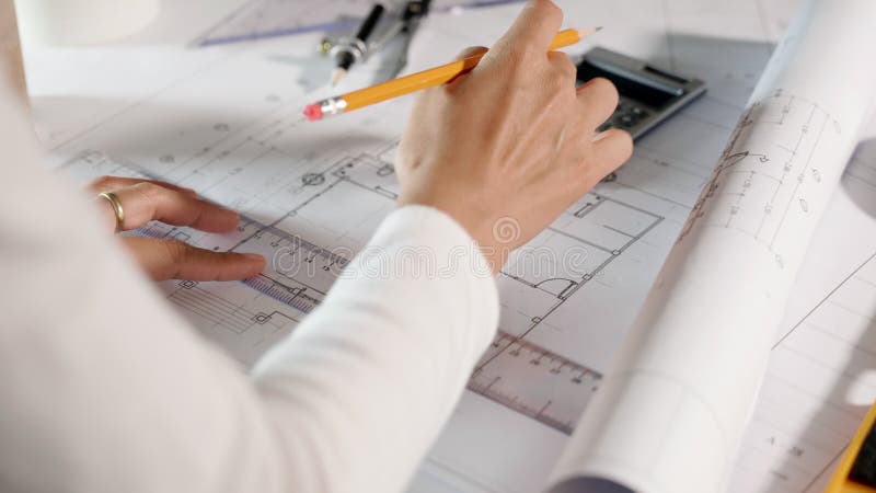 Architect Drawing with Ruler on House Plan Blueprint Paper for Repair ...