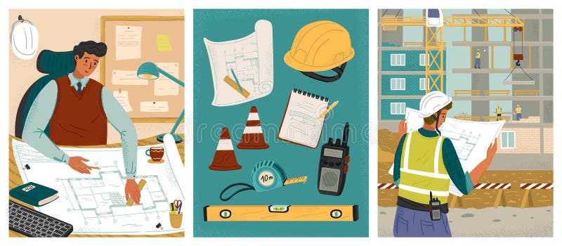 Architect Draws New Building Project. Construction Concept Vector ...