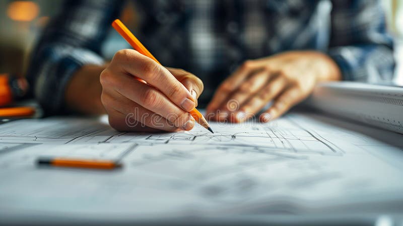 An Architect Draws a Project Plan on the Table. Architect Working on a ...