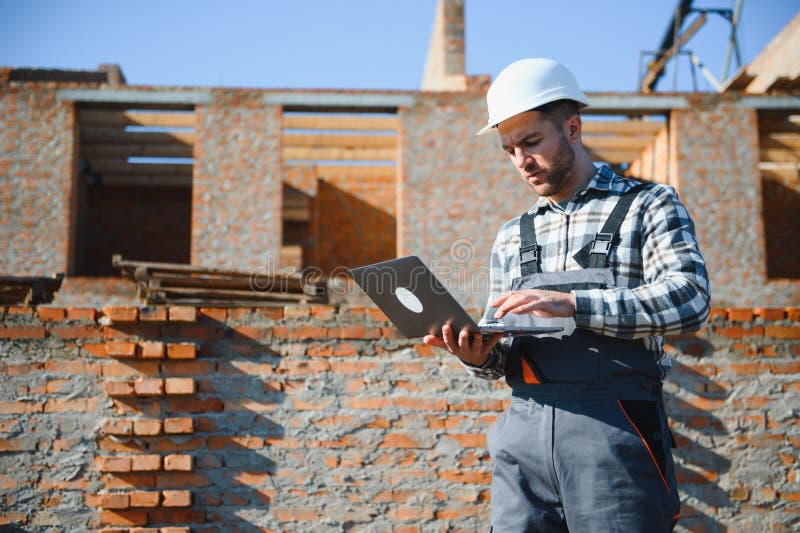 Architect or Engineer on Construction Site with Laptop Monitoring ...