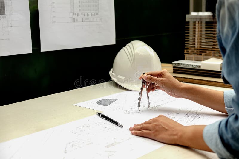 Architect Engineer Design Working on Blueprint Planning Concept. Stock ...