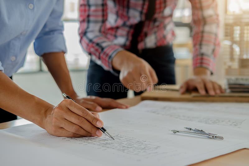 Architect Engineer Design Working on Blueprint Planning Concept. Stock ...