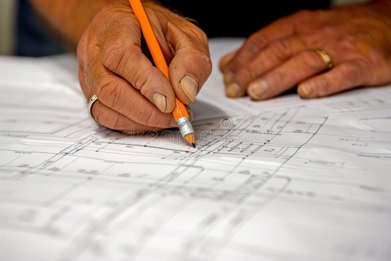 Architect Engineer Designing a Project Surrounded by Blueprints and ...