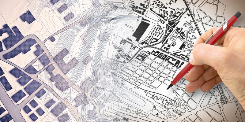 Architect or Engineer Drawing Over an Imaginary City Map of Territory ...