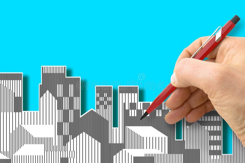 Architect or Engineer Drawing a City Skyline with Residential Bu Stock ...