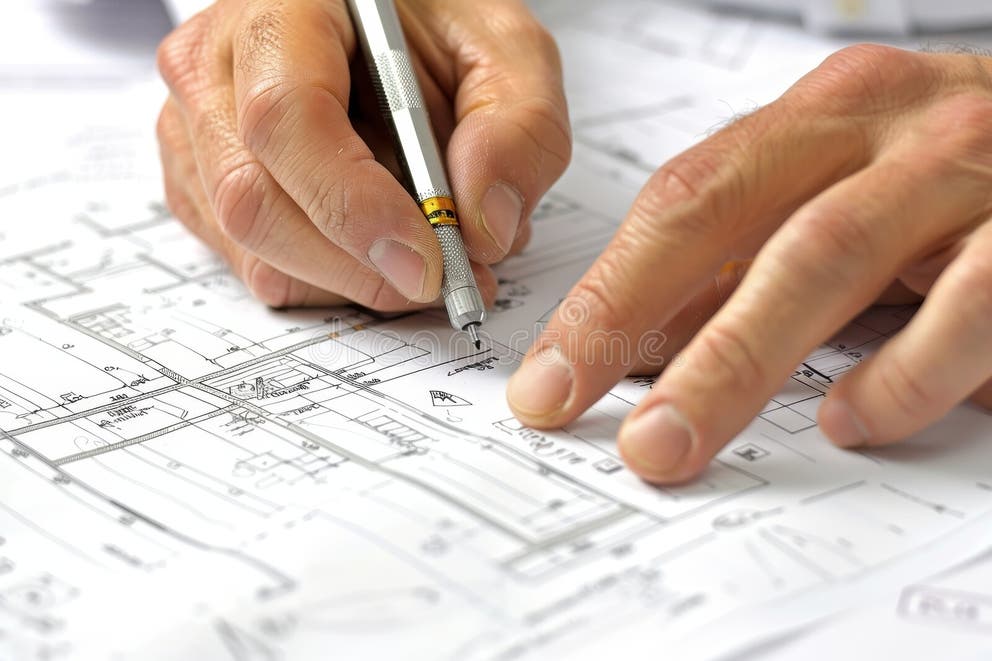 Architect Engineer Innovating a Design Project Surrounded by Blueprints ...