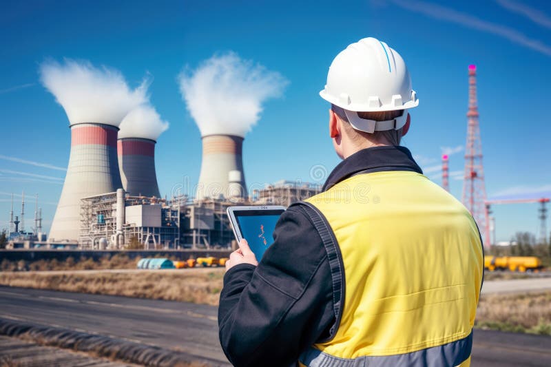 Engineer with Tablet Pc in Front of Nuclear Power Plant, Generative Ai ...