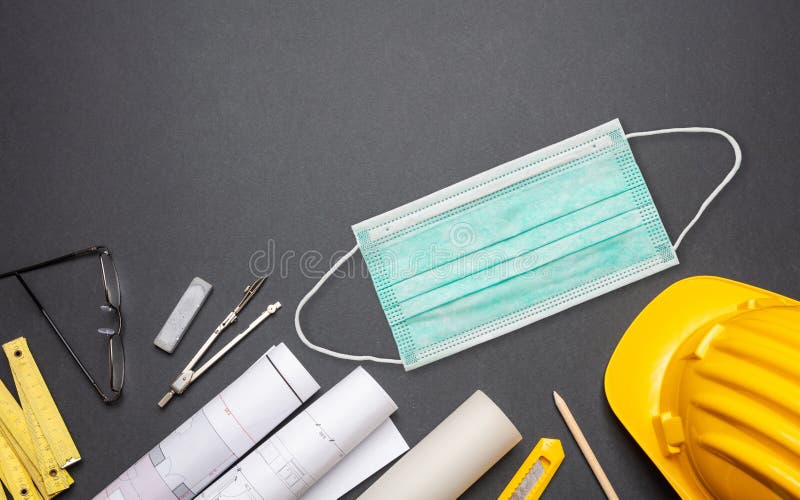 Engineer Blueprints, Equipment and Protective Mask on Black Background ...