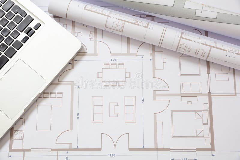 Architect Engineer Office Desk. Drawings and Computer Laptop Stock ...