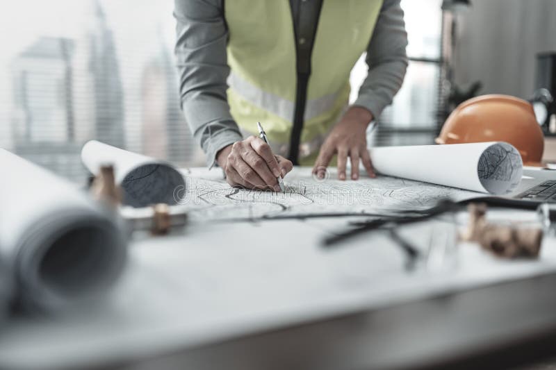 Architect Engineer Planning Drawing City Map Marking Place Build House ...