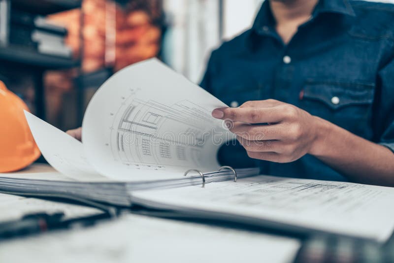 Architect Engineer Read Drawing Design Working on Blueprint. House ...