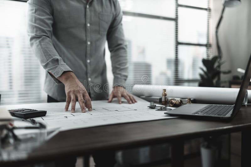 Architect Engineer Read Drawing Design Working on Blueprint. House ...