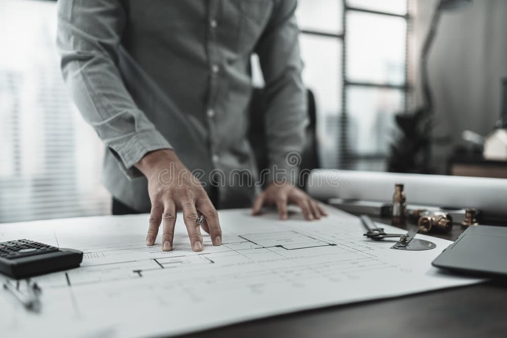 Architect Engineer Read Drawing Design Working on Blueprint. House ...