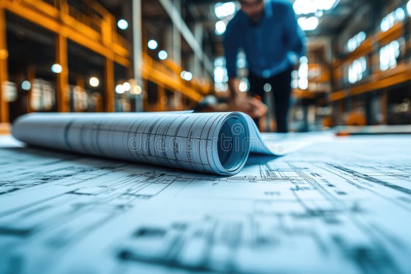 Rolled Architectural Blueprints on a Table with Blurred Engineer in ...