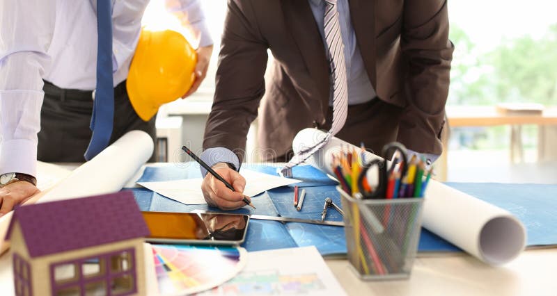 Architect Engineer Team Work on Building Draft Stock Photo - Image of ...