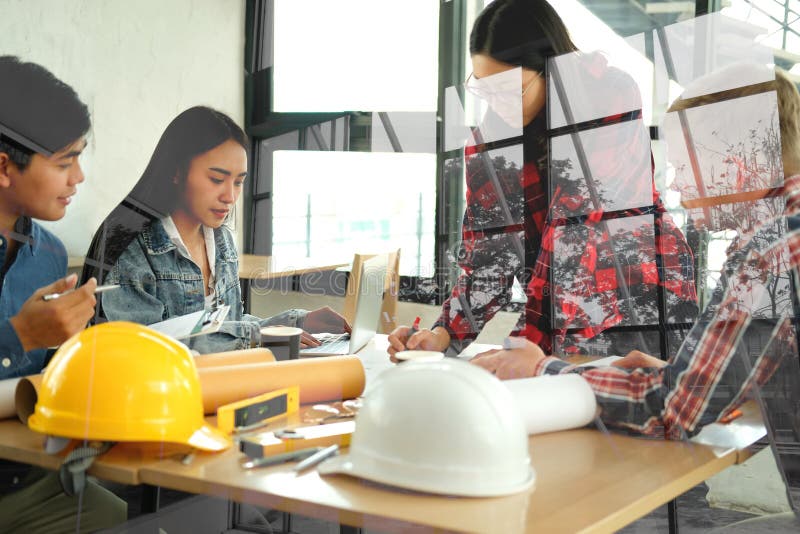 Architect Engineer Team Working Discussing on House Blueprint of Real ...