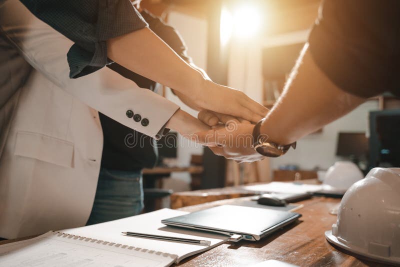 Architect and Engineer Teamwork Concept. Hands of Architect Engineer ...