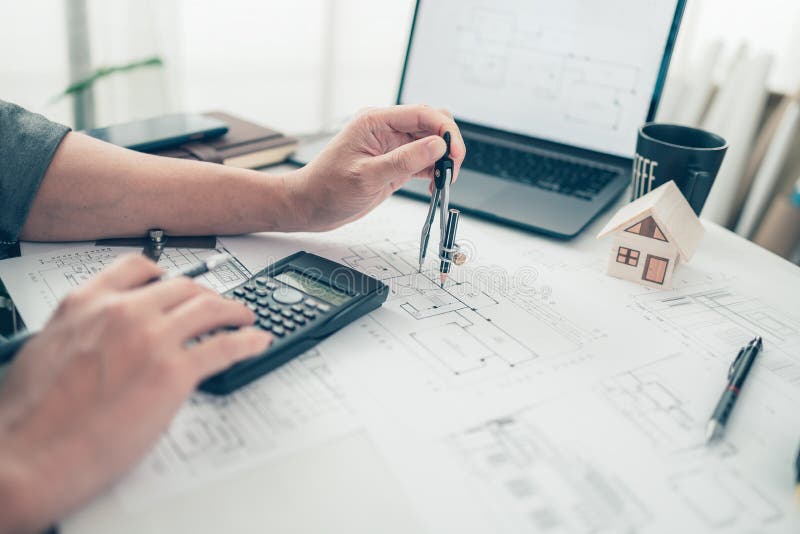 Architect Engineer Use Compass Drawing Design Working on Blueprint ...