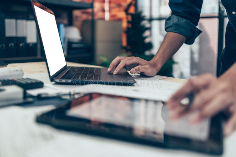 Architect Engineer Use Laptop To Read Drawing Design. House Planning ...