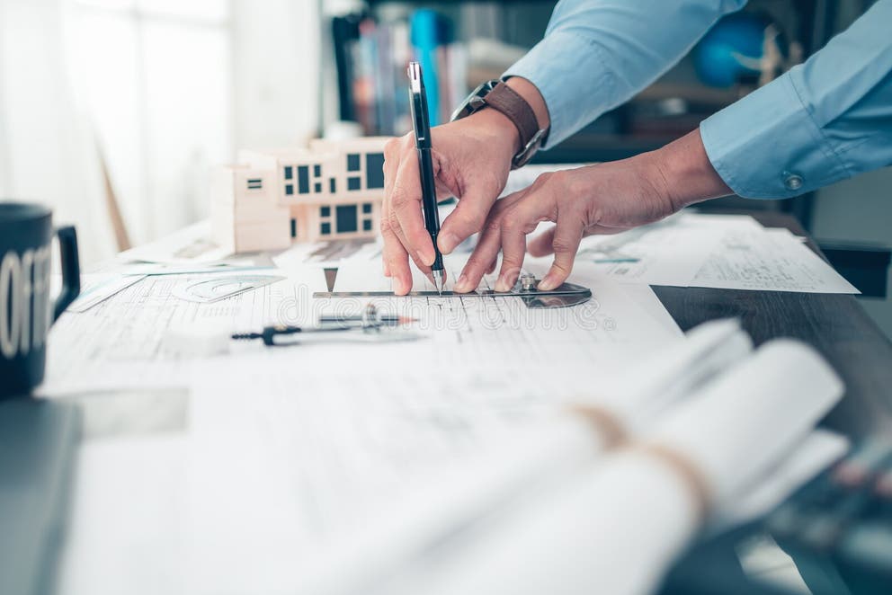 Architect Engineer Use Pen and Angle Protector Drawing Design Working ...