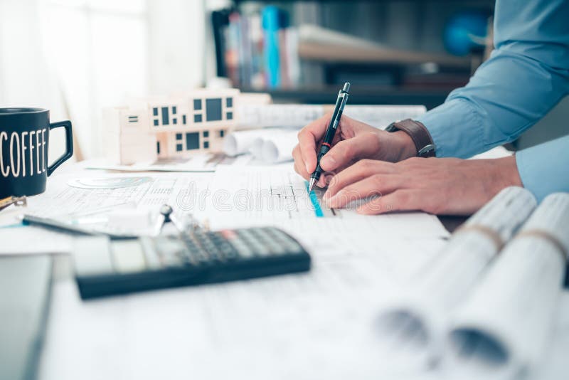 Architect Engineer Use Pen and Angle Protector Drawing Design Working ...