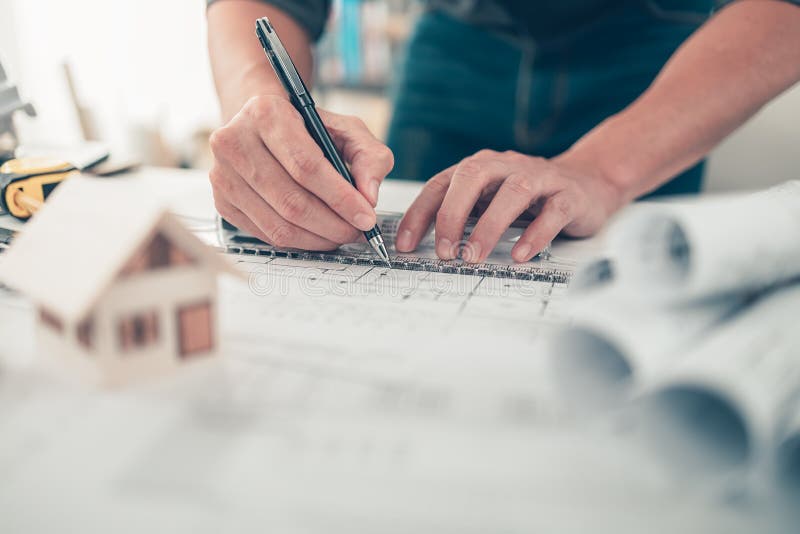 Architect Engineer Use Pen and Angle Protector Drawing Design Working ...