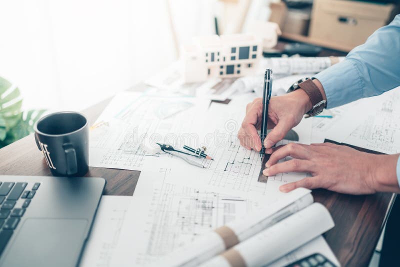 Architect Engineer Use Pen and Angle Protector Drawing Design Working ...