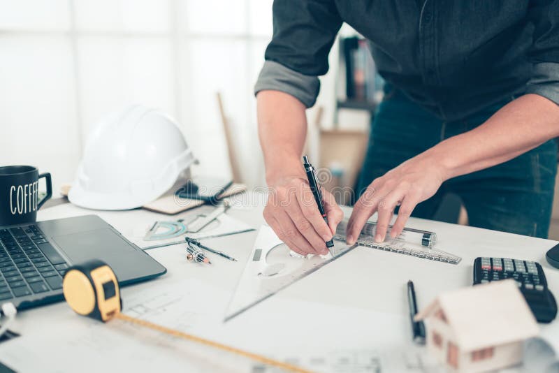 Architect Engineer Use Pen and Angle Protector Drawing Design Working ...