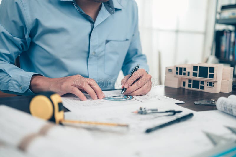 Architect Engineer Use Pen and Angle Protector Drawing Design Working ...