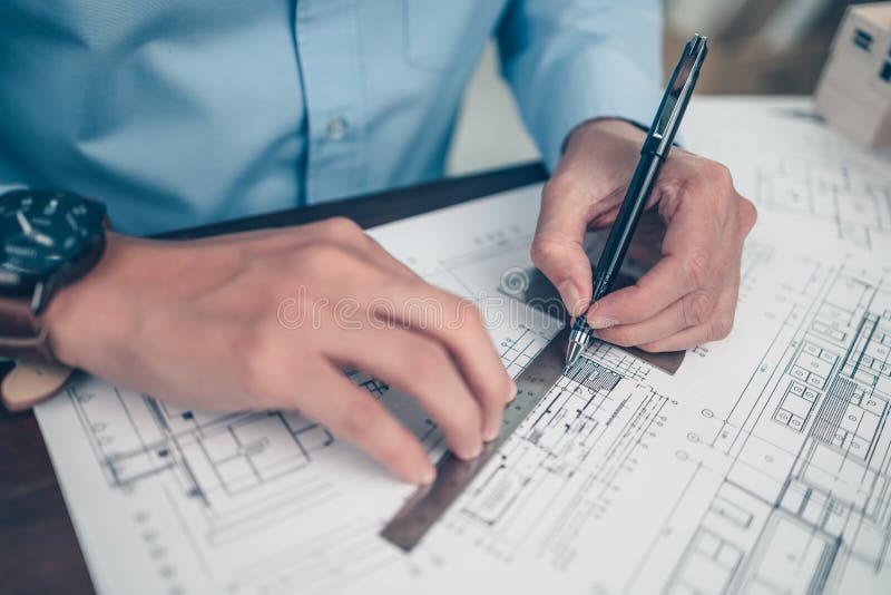 Architect Engineer Use Pen and Angle Protector Drawing Design Working ...