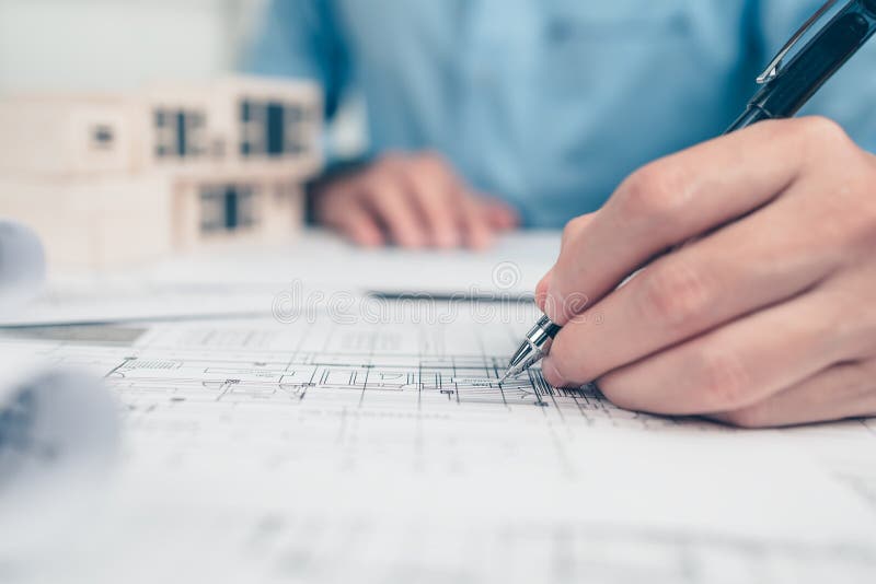 Architect Engineer Use Pen Drawing Design Working on Blueprint. House ...