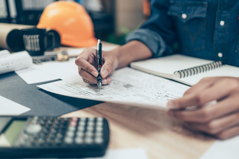 Architect Engineer Use Pen Drawing Design Working on Blueprint. House ...