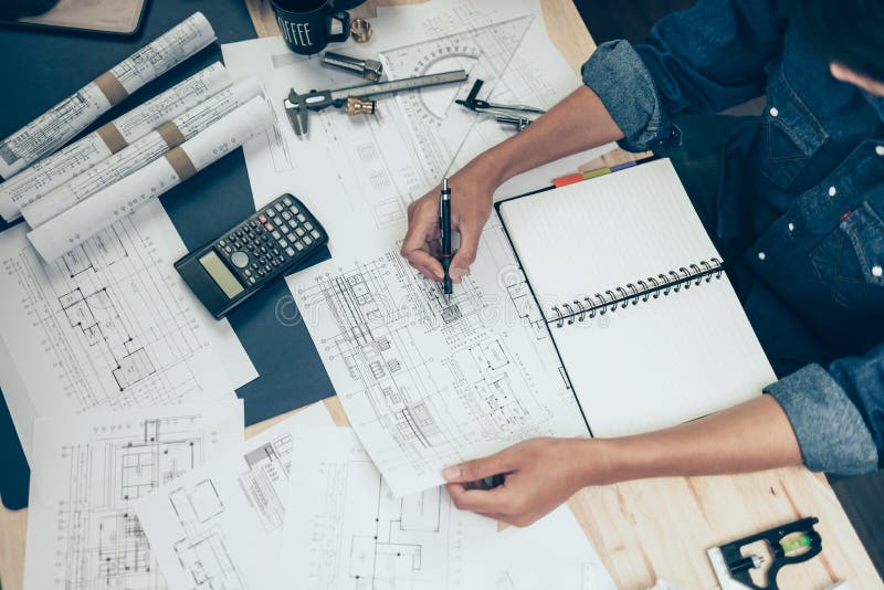 Architect Engineer Use Pen Drawing Design Working on Blueprint. House ...