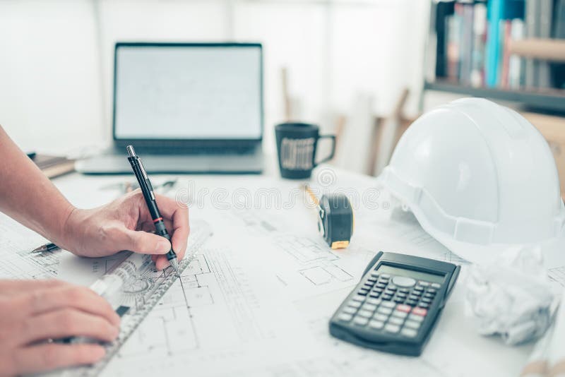 Architect Engineer Use Pen and Mini T-slide Drawing Design Working on ...