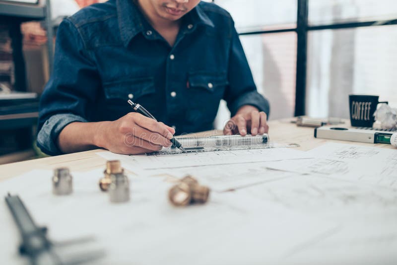 Architect Engineer Use Pen and Mini T-slide Drawing Design Working on ...