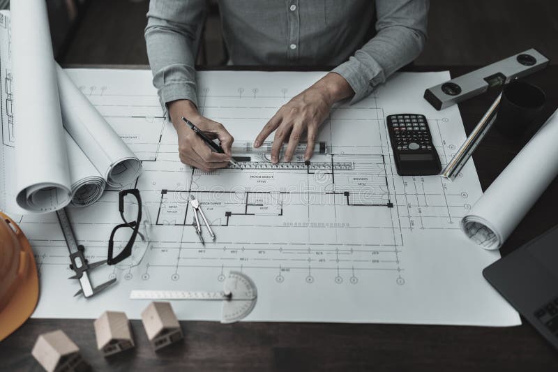 Architect Engineer Use Pen and Mini T-slide Drawing Design Working on ...