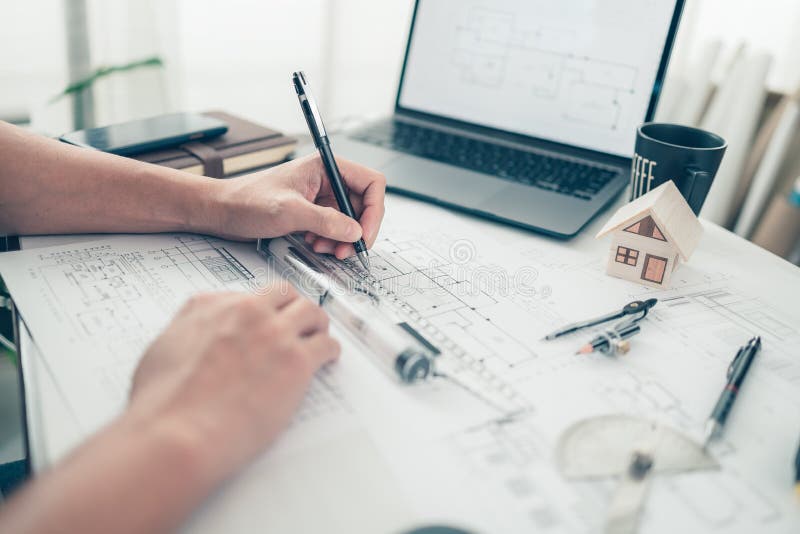 Architect Engineer Use Pen and Mini T-slide Drawing Design Working on ...