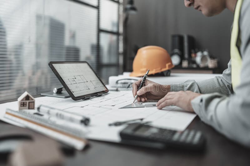 Architect Engineer Use Pen and Scalene Triangles Drawing Design Working on Blueprint. House ...