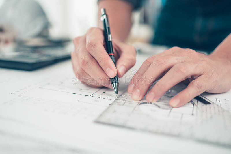 Architect Engineer Use Pen and Triangular Angle Ruler Drawing Design ...