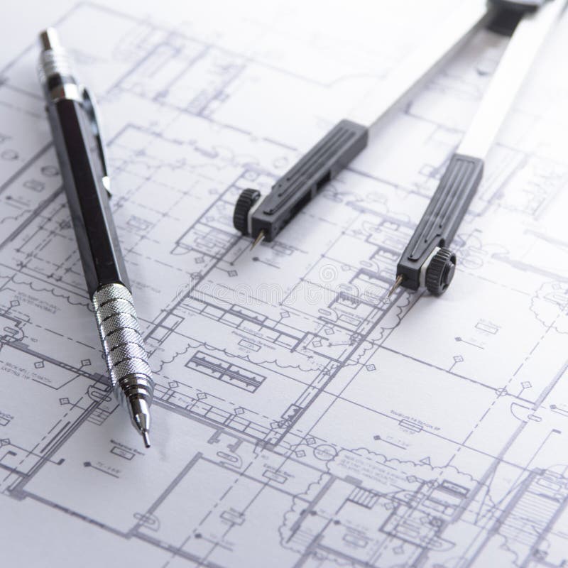 Blueprint, Pencil, and Compass Tools Stock Image - Image of development ...