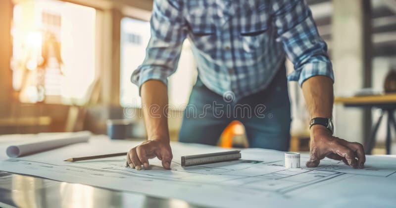 Architect and Engineer Work Together on Design Blueprints, Focusing on ...