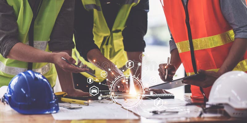 Architect and Engineer Working with Blueprints for Architectural Plan ...