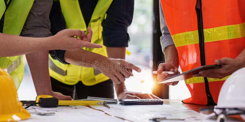 Architect and Engineer Working with Blueprints for Architectural Plan ...