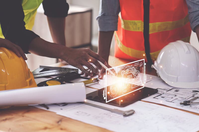 Architect and Engineer Working with Blueprints for Architectural Plan ...