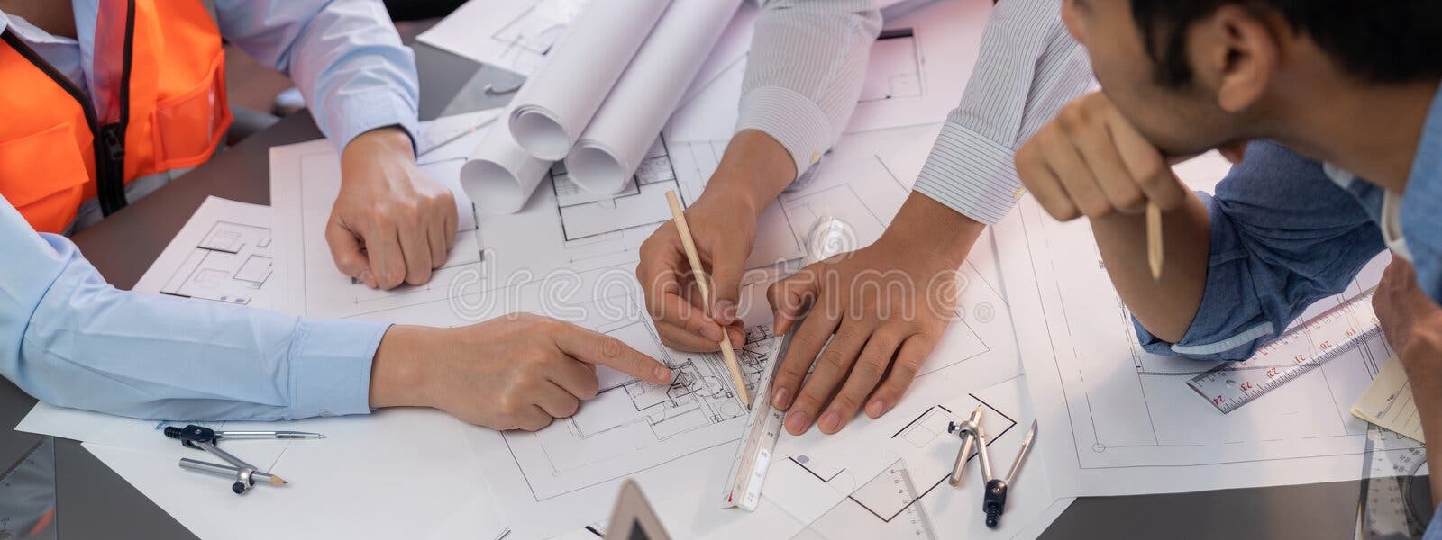 Architect or Engineer Working on Building Blueprint in Office. Insight ...