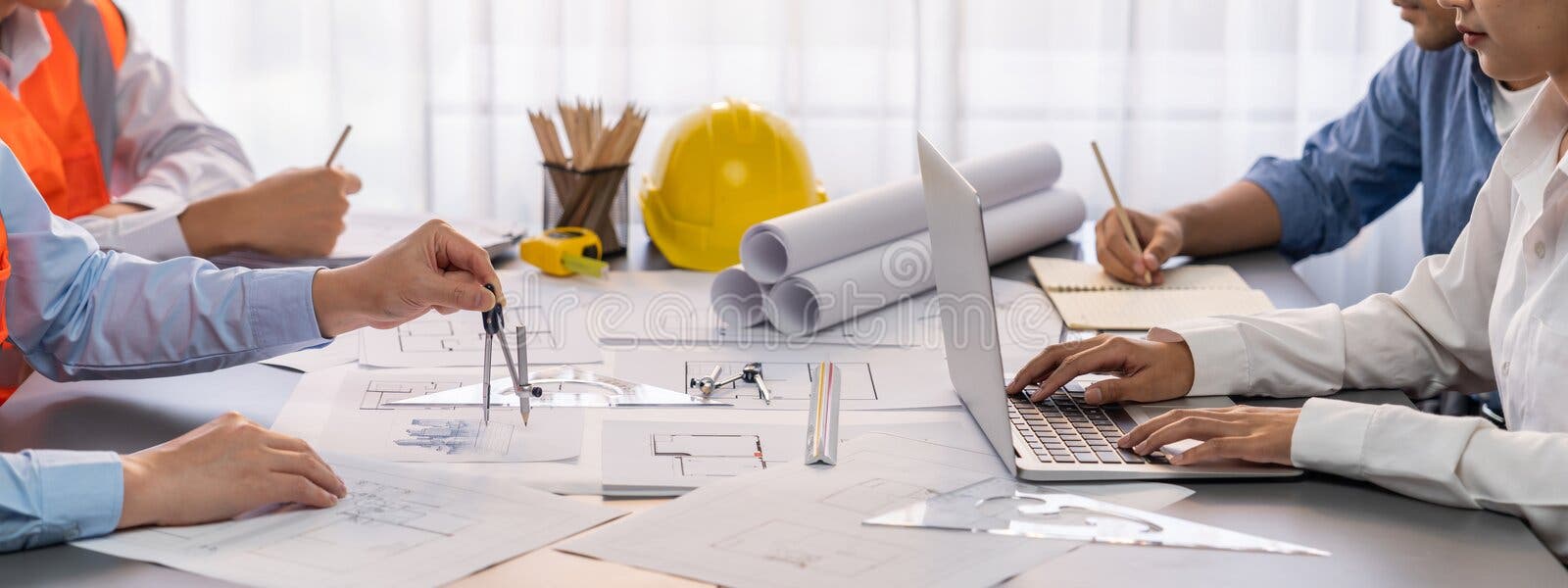Architect or Engineer Working on Building Blueprint in Office. Insight ...