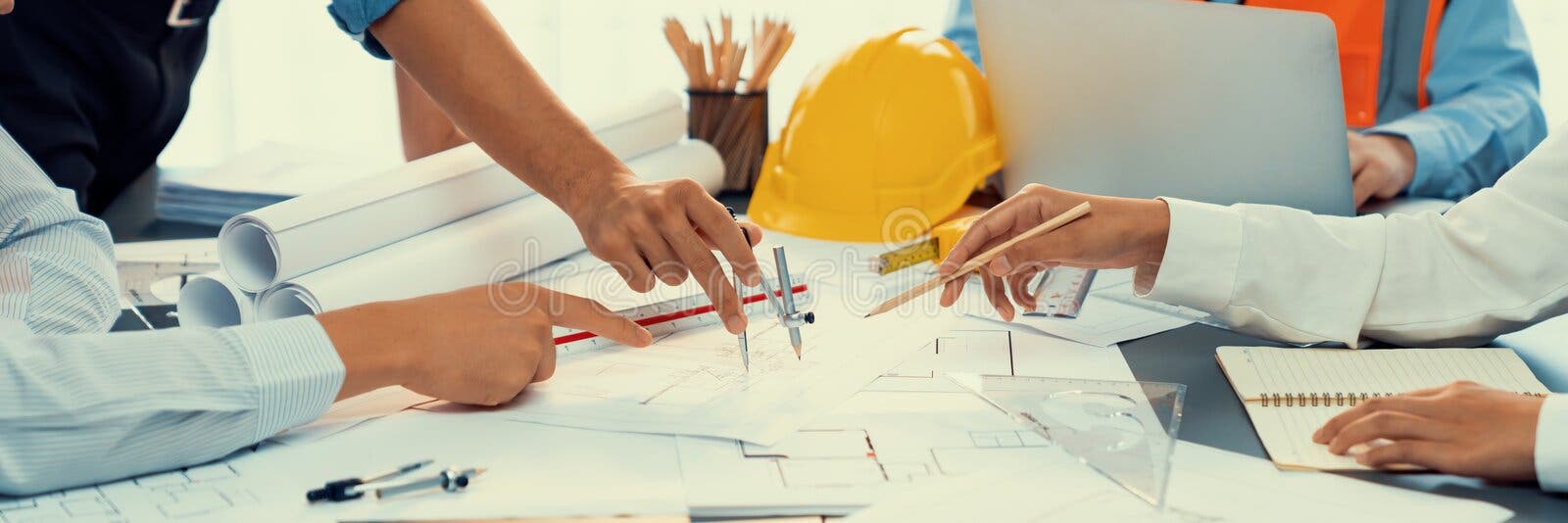 Engineer Partner Drawing and Working on Blueprint Design Together ...