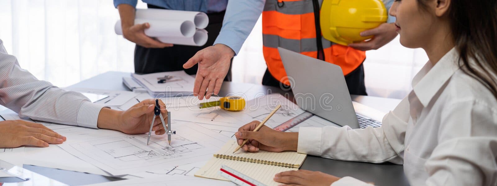 Architect or Engineer Working on Building Blueprint in Office. Insight ...