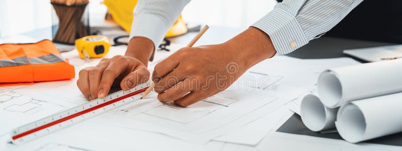 Architect or Engineer Working on Building Blueprint in Office. Insight ...