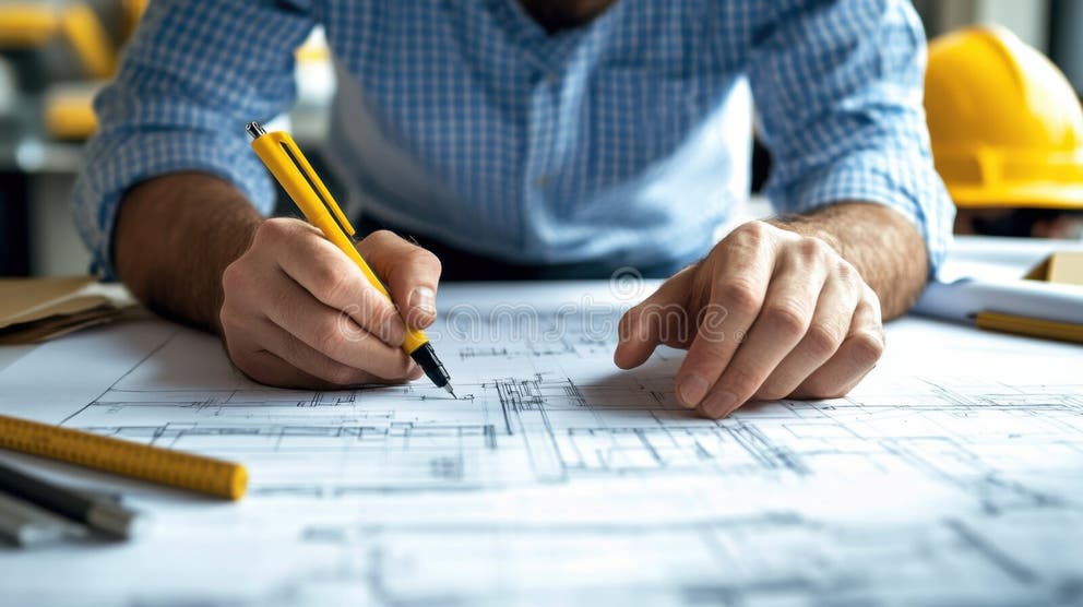 Architect or Engineer Working on Construction Blueprint, Concepts of ...